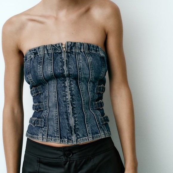 Zara | Tops | Zara Dark Blue Strapless Denim Top | Poshmark